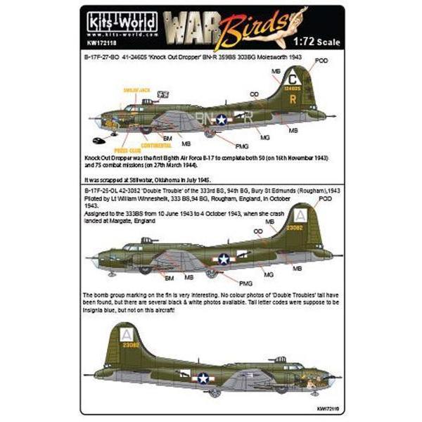 キッツワールドKW172118  1/72 Boeing B-17F Flying Fortress 'Knockout Dropper' 他用デカール