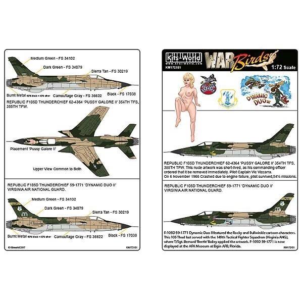 キッツワールドKW172151  1/72  REPUBLIC F-105D-RE-31 THUNDERCHIEF 'PUSSY GALORE II'他用デカール
