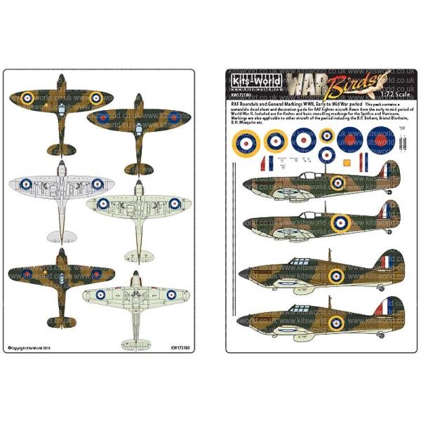 キッツワールドKW172180  1/72 英空軍 第二次大戦初期から中期スピットファイア、ハリケーン他の国旗用デカール