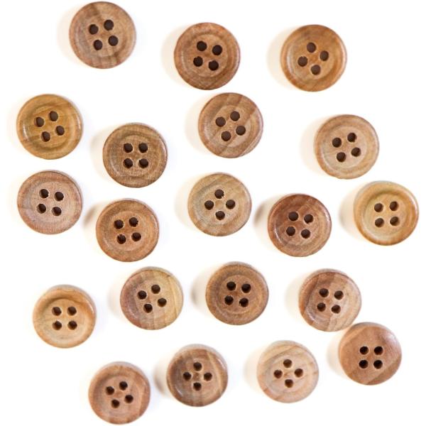 ●【サイズ】直径約10mm　【数 量】20個　【1粒の厚み】約3.0mm　【1粒の重さ】約0.2g●【ボタンの形】四つ穴ボタン　【材 質】木●【カラー】ブラウン　【模様について】両面に木目模様があります。●【特 徴】糸通し用の穴が四つ空いた...