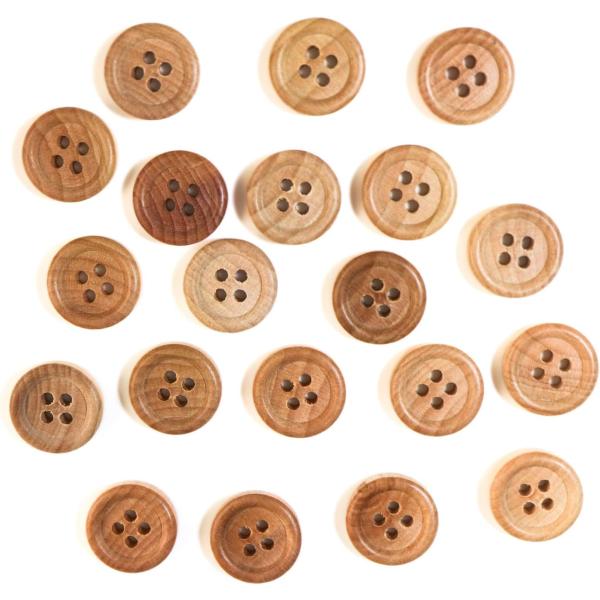 ●【サイズ】直径約12.5mm　【数 量】20個　【1粒の厚み】約3.4mm　【1粒の重さ】約0.3g●【ボタンの形】四つ穴ボタン　【材 質】木●【カラー】ブラウン　【模様について】両面に木目模様があります。●【特 徴】糸通し用の穴が四つ空...