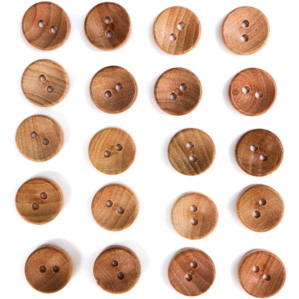●【サイズ】直径約11.5mm　【数 量】20個　【1粒の厚み】約3.5mm　【1粒の重さ】約0.2g●【ボタンの形】二つ穴ボタン　【材 質】木●【カラー】ブラウン　【模様について】両面に木目模様があります。●【特 徴】中心に向かってへこん...