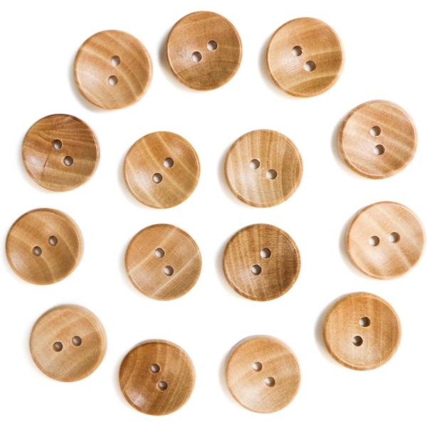 ●【サイズ】直径約15mm　【数 量】15個　【1粒の厚み】約3.8mm　【1粒の重さ】約0.4g●【ボタンの形】二つ穴ボタン　【材 質】木●【カラー】ブラウン　【模様について】両面に木目模様があります。●【特 徴】中心に向かってへこんでい...