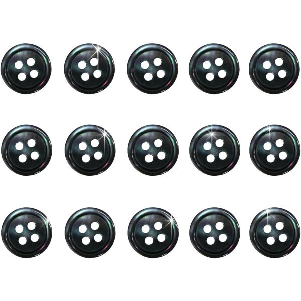 ●【サイズ】直径約10mm　【1粒の厚み】約1.5mm　【1粒の重さ】約0.3g　【数量】15個●【ボタンの形】四つ穴ボタン　【材質】貝製●【カラー】ブラック　【模様について】表面に、虹色に淡く光る黒蝶貝を使用しています。●【特徴】 糸通し...