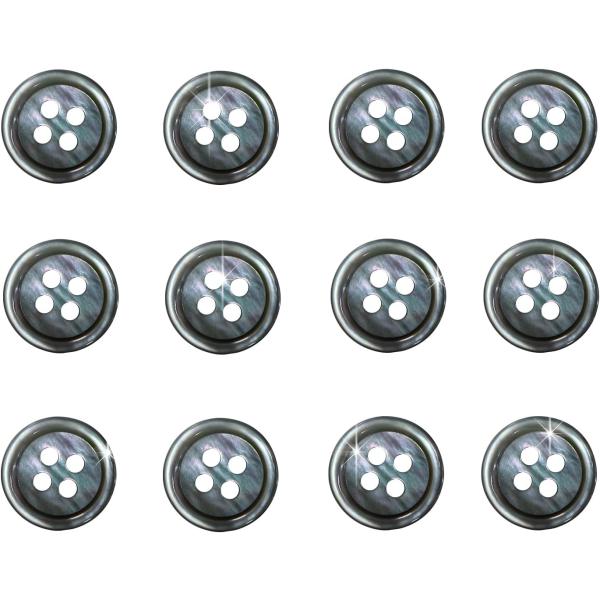 ●【サイズ】直径約11.25mm　【1粒の厚み】約1.5mm　【1粒の重さ】約0.3g　【数量】12個●【ボタンの形】四つ穴ボタン　【材質】貝製●【カラー】ブラック　【模様について】表面に、虹色に淡く光る黒蝶貝を使用しています。●【特徴】 ...