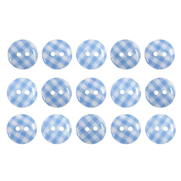 【サイズ】約13mm 、厚み約2.5mm 【数量】15個入り【形状】二つ穴ボタン 【材質】樹脂【カラー】ブルー【特徴】ほどよくツヤ感のある、フラットタイプの二つ穴ボタンです。 落ち着いたチェック柄は、カジュアルにもナチュラルにも相性抜群です...