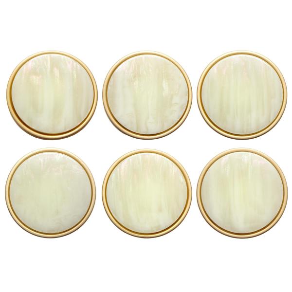 【サイズ】直径約23mm　【厚み】約8mm【数量】6個入り【カラー】ホワイト【形状】足つきボタン　【材質】樹脂、合金【特徴】ストライプ柄が印象的な樹脂製の足つき飾りボタンです。軽量で扱いやすく、マーブル調の表情が光の当たり方で変化します。縫...