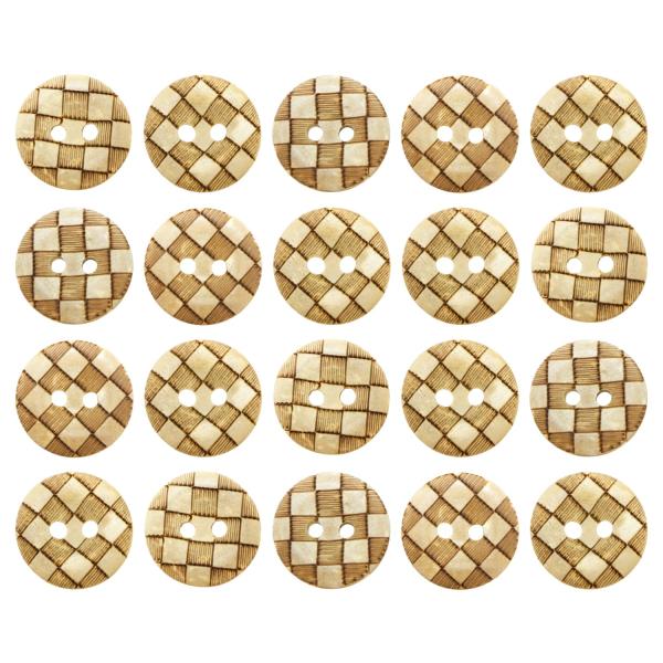 【サイズ】直径約12.5mm【厚み】約3mm【数量】20個入り【種類】チェック柄【形状】二つ穴ボタン　【材質】ココナッツ【特徴】ココナッツ素材を使用した、温かみのある風合いが魅力の二つ穴ボタンです。 自然な色合いや質感で一つひとつ表情が異な...