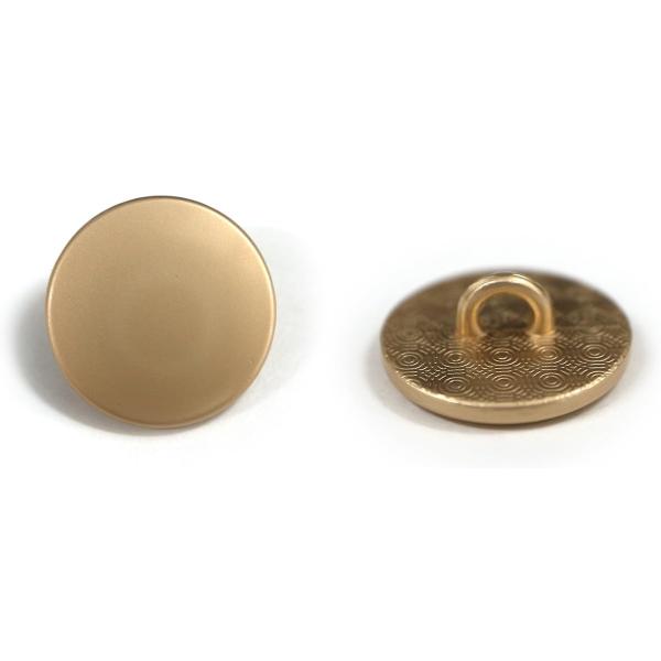 ●【サイズ】直径約15mm 【数量】15個 【一粒の重さ】約1.9g●【ボタンの形】フラットボタン　足つき　【材質】金属製●【カラー】ゴールド　ツヤなし●【特 徴】金属特有のツヤを抑えた、普段使いしやすいボタンです。●【用途】お手持ちの衣類...