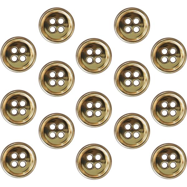 ●【サイズ】直径約12.5mm　【数量】15個　【1粒の重さ】約1.2g●【ボタンの形】四つ穴ボタン 【材質】金属●【カラー】ゴールド（金） 鏡面仕上げ●【特徴】糸通し用の穴が四つ空いた、衣類に合わせやすいメタルボタンです。●【用途】お手持...
