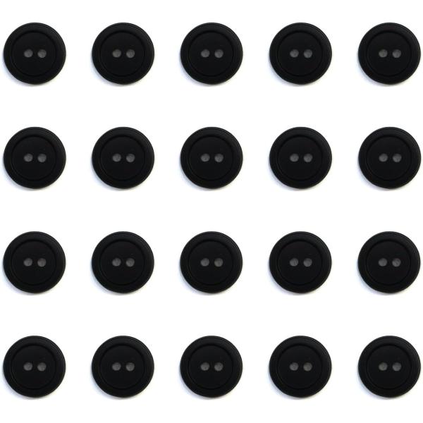 ●【サイズ】直径約10mm●【数量】20個入り●【カラー】ブラック ツヤなし●【ボタンの形】二つ穴ボタン　【材質】樹脂●【用途】お手持ちの衣類のイメージチェンジや、ボタンの取れてしまった服の交換用として。