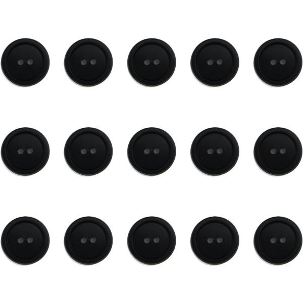●【サイズ】直径約15mm●【数量】15個入り●【カラー】ブラック ツヤなし●【ボタンの形】二つ穴ボタン　【材質】樹脂●【用途】お手持ちの衣類のイメージチェンジや、ボタンの取れてしまった服の交換用として。