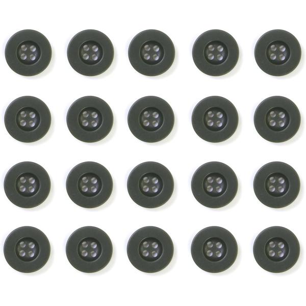 ●【サイズ】直径約15mm　【厚み】約3.5mm●【数量】20個入り●【カラー】グリーン●【ボタンの形】四つ穴ボタン　【材質】樹脂●【特徴】厚みのある丈夫なボタンです。フチ部分が通常の四つ穴ボタンに比べて幅広になっています。