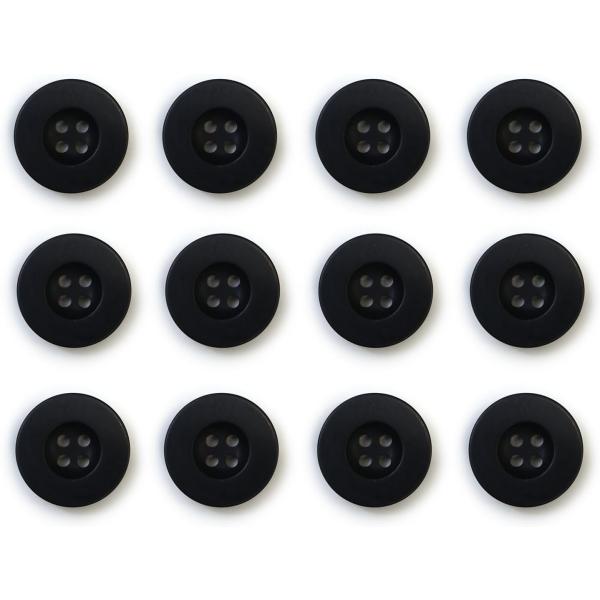 ●【サイズ】直径約20mm　【厚み】約4.2mm●【数量】12個入り●【カラー】ブラック●【ボタンの形】四つ穴ボタン　【材質】樹脂●【特徴】厚みのある丈夫なボタンです。フチ部分が通常の四つ穴ボタンに比べて幅広になっています。