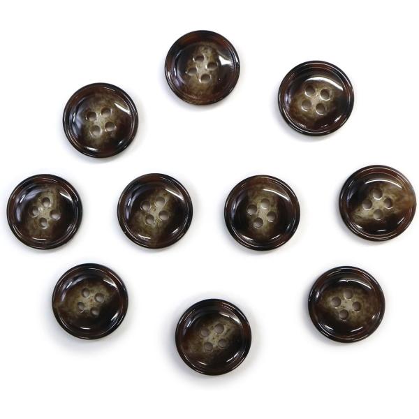 ●【サイズ】直径約15mm　【数量】10個●【ボタンの形】四つ穴ボタン　【材質】プラスチック●【カラー】ダークブラウン&amp;ホワイト　【模様】水牛の角のような模様●【特徴】糸通し用の穴が四つ空いた、衣類に合わせやすいボタンです。程よくツ...