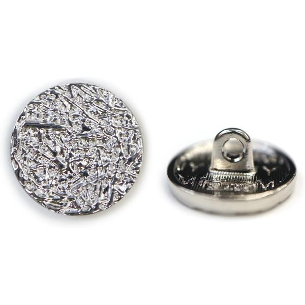 ●【サイズ】直径約15mm　【数量】14個　【1粒の重さ】約1.8g●【材質】金属●【カラー】シルバー　【表面の模様】幾何学模様●【ボタンの形】フラット　足つき●【特 徴】平たい円状で、表面が少し凸凹しています。金属特有のツヤ感があります。