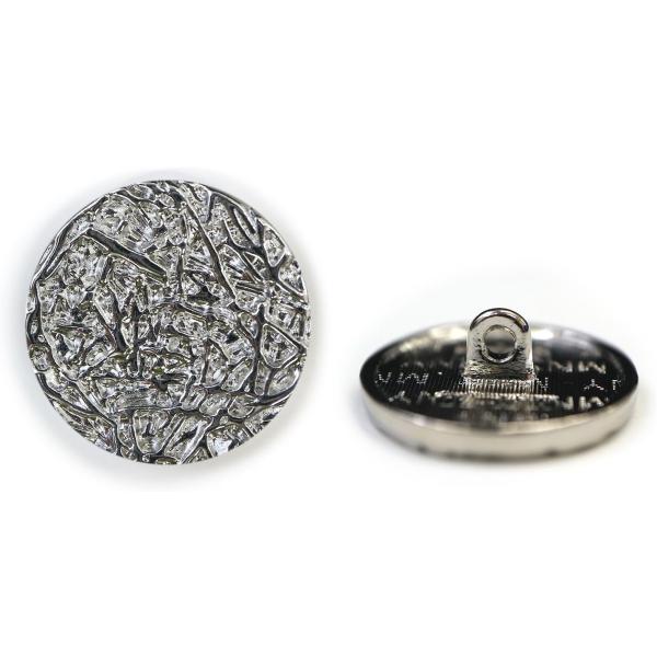 ●【サイズ】直径約20mm　【数量】10個　【1粒の重さ】約3.3g●【材質】金属●【カラー】シルバー　【表面の模様】幾何学模様●【ボタンの形】フラット　足つき●【特 徴】平たい円状で、表面が少し凸凹しています。金属特有のツヤ感があります。