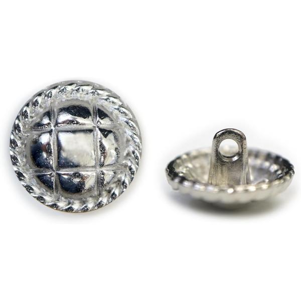 ●【サイズ】直径約15mm　【数量】12個　【1粒の重さ】約1.5g●【材質】金属●【カラー】シルバー　【表面の模様など】キルティング風　鏡面仕上げ●【ボタンの形】丸型　足つき●【特徴】波型のフチと、凸凹したキルティング風の模様が特徴です。...