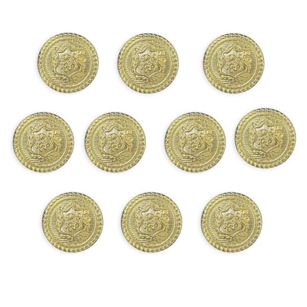 ●【サイズ】直径約18mm　【数量】10個　【1粒の重さ】約1.1g●【材質】樹脂製（金属風メッキ加工）●【カラー】ゴールド　【模様について】紋章風のデザイン●【ボタンの形】足つきボタン 波型フチ 表面にわずかな丸みがあります。●【特 徴】...