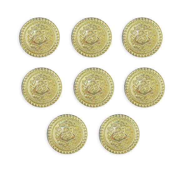 ●【サイズ】直径約21mm　【数量】8個　【1粒の重さ】約1.6g●【材質】樹脂製（金属風メッキ加工）●【カラー】ゴールド　【模様について】紋章風のデザイン●【ボタンの形】足つきボタン 波型フチ 表面にわずかな丸みがあります。●【特 徴】樹...