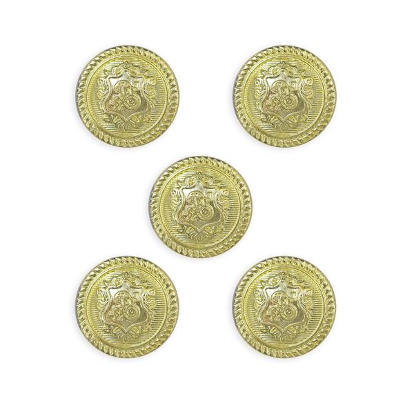 ●【サイズ】直径約25mm　【数量】5個　【1粒の重さ】約2.2g●【材質】樹脂製（金属風メッキ加工）●【カラー】ゴールド　【模様について】紋章風のデザイン●【ボタンの形】足つきボタン 波型フチ 表面にわずかな丸みがあります。●【特 徴】樹...