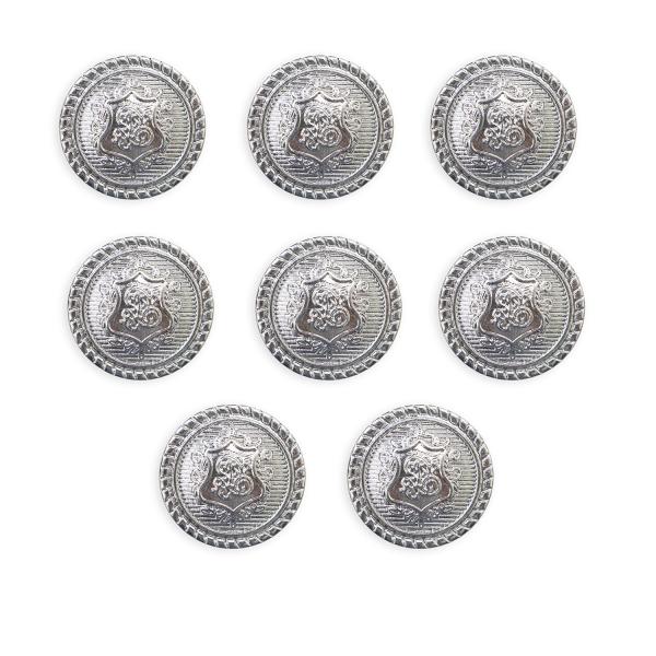 ●【サイズ】直径約21mm　【数量】8個　【1粒の重さ】約1.6g●【材質】樹脂製（金属風メッキ加工）●【カラー】シルバー　【模様について】紋章風のデザイン●【ボタンの形】足つきボタン 波型フチ 表面にわずかな丸みがあります。●【特 徴】樹...