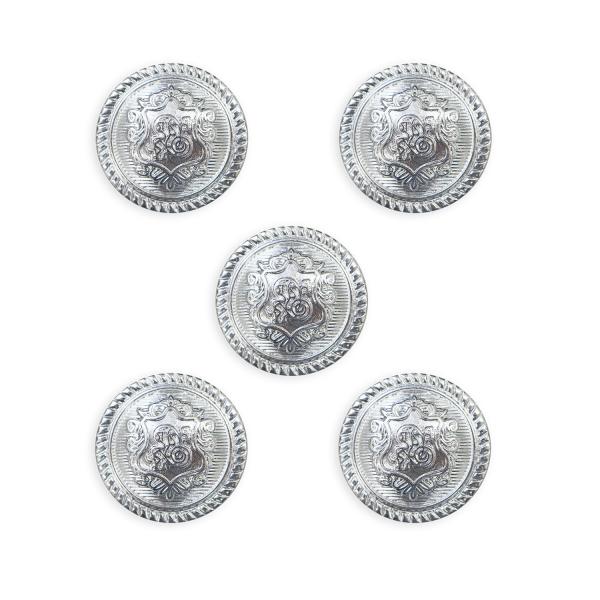 ●【サイズ】直径約25mm　【数量】5個　【1粒の重さ】約2.2g●【材質】樹脂製（金属風メッキ加工）●【カラー】シルバー　【模様について】紋章風のデザイン●【ボタンの形】足つきボタン 波型フチ 表面にわずかな丸みがあります。●【特 徴】樹...