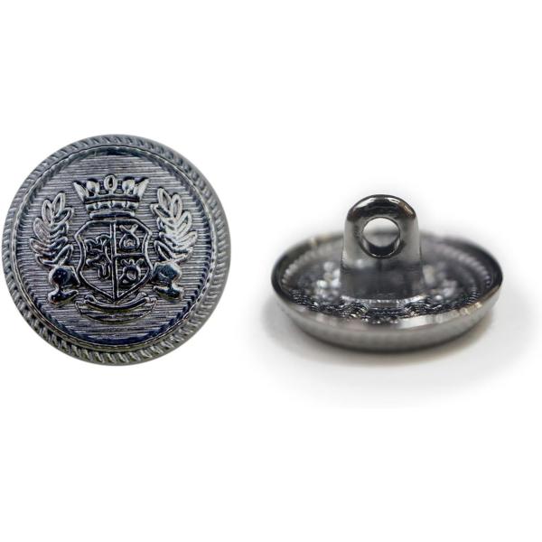 ●【サイズ】直径約15mm　【数量】8個　【1粒の重さ】約1.4g●【材質】金属製●【カラー】ブラック　【ボタンの形】足つきボタン●【特徴】光沢のある少し明るめの黒色です。紋章風のデザインで、少し立体的になっています。●【用途】スーツ・ジャ...