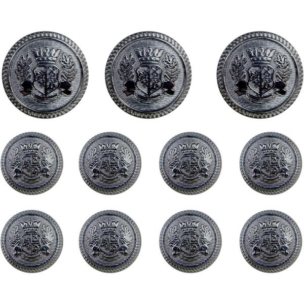 ●【セット内容】直径約15mm8個・直径約20mm3個　【1粒の重さ】約1.4g（15mm） 約2.4g（20mm）●【材質】金属製●【カラー】ブラック　【ボタンの形】足つきボタン●【特徴】光沢のある少し明るめの黒色です。紋章風のデザインで...