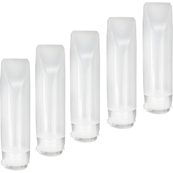 【ボトルサイズ】約26x97mm【フタ部分サイズ】約20mm【ねじ口部分サイズ】約12mm【カラー】半透明、ホワイト【材質】LDPE（ポリエチレン）【容量】30ml【数量】5個【特徴】中身を押し出しやすいチューブ容器です。