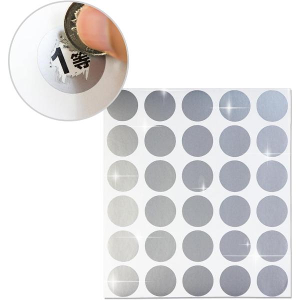 ●【サイズ】台紙：約150×約170mm　　シール：直径25mm●【素　材】フィルム●【カラー】シルバー●【内容量】1シート30枚×4シート入り　合計120枚●【特　徴】スクラッチシールは、コインや爪などの硬い物でこすると表面のコーティング...