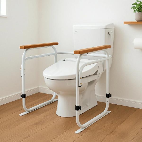 トイレの立ち上がりを楽に！工事不要の洋式トイレ用アーム「トイレでの立ち座りが足腰に響く」「ふらつきが心配」そんな不安を解消する、据置タイプのトイレ用手すりです。ご家庭のトイレに置くだけで、毎日の生活がぐっと安全・快適に変わります。1. 工事...