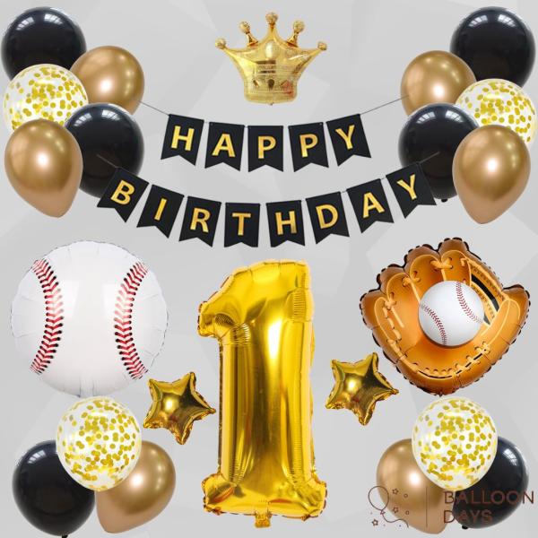 ●商品内容●大きな野球ボールバルーンとブラック×ゴールドの風船でまとめたバルーンデコレーションセット☆■Happy Birthdayバースデーガーランド×13文字 ■ガーランドリボン×1つ■ナンバーバルーン×1枚■野球ボールバルーン×1枚（...