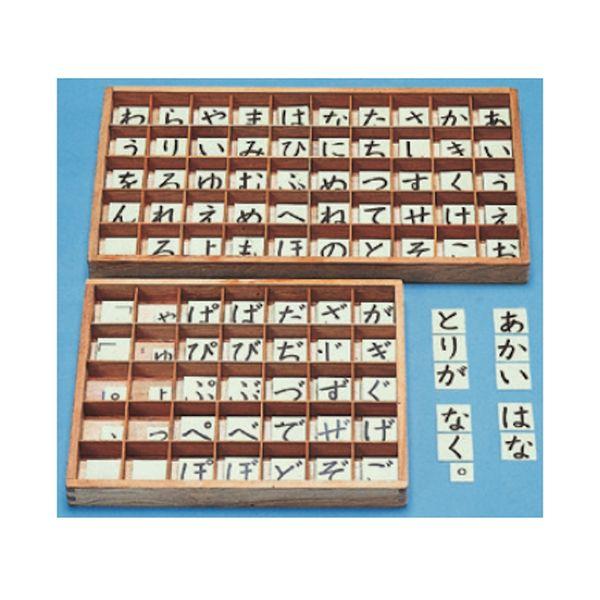 五十音の各文字が10枚ずつ、仕切りの中に入っています。『移動五十音カードの箱（大）』より、文字カードの大きさがやや小さくなり、文章構成へと発展させるのに使います。慣れてきたら「」や句読点（、。）を使っていきます。裏はかたかなになっています。