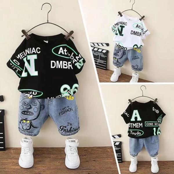 キッズ 子供服 トップス+半パン 2点セット デニムパンツ セットアップ 上下セット 男の子 春夏 ゆったり 可愛い ジュニア 半袖 英文字 薄手ホワイト  ブラック90 100 110 120 130 140 KSFA045▲▲商品仕様▲...