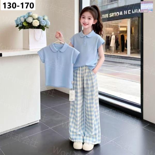 セットアップ キッズ 女の子 子供服 ジュニア 上下セット 2点セット 半袖ポロシャツ ワイドパンツ チェック柄 カジュアル かわいい 夏服 おしゃれ 韓国子供服 春 夏 ガールズ KSHA034(130-170）▲▲商品仕様▲▲番号:KS...