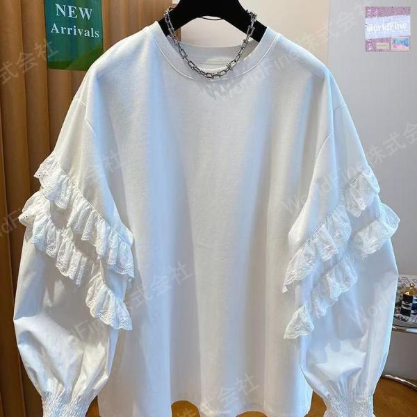 ロングTシャツ レディース ロングT フリル袖 大きいサイズ 秋 秋服 長袖 薄手 シンプル 無地 トップス シンプル ゆったり 可愛い カジュアル レディースロングtシャツ レディースロンt 大きい かわいい LUGA124(2色L-4X...