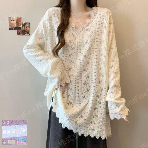 ロングTシャツ レディース ロングT 大きいサイズ Vネック レース 秋服 長袖 薄手 シンプル 無地 トップス ゆったり 可愛い カジュアル レディースロングtシャツ レディースロンt 大きい かわいいトップス LUGA136(2色M-3...