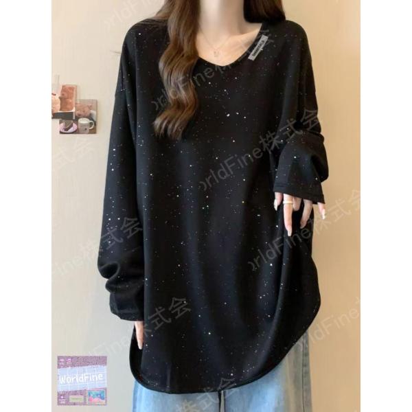 ロングTシャツ レディース ロングT 大きいサイズ Vネック 秋服 長袖 薄手 シンプル 無地 きらきら トップス ゆったり 可愛い カジュアル レディースロングtシャツ レディースロンt 大きいサイズ かわいいトップス LUGA137(2...