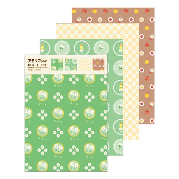小物のラッピングにはもちろん、手帳やノートのデコレーションにもご利用いただける艶のある包装紙素材のペーパーパッドです。●内容：32枚(4柄×8枚)●サイズ：縦297mm×横210mm×厚さ4mm●素材：紙●原産国：日本製
