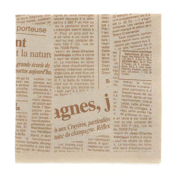 ２層タイプのペーパーナプキンです。クラフトカラーに茶色で英字新聞柄が印刷されています。テーブルではもちろん、サンドイッチやお弁当に添えたり、カトラリーを包んだり、使い途いろいろです。日本製。約２５０×２５０ｍｍバージンパルプ１００％