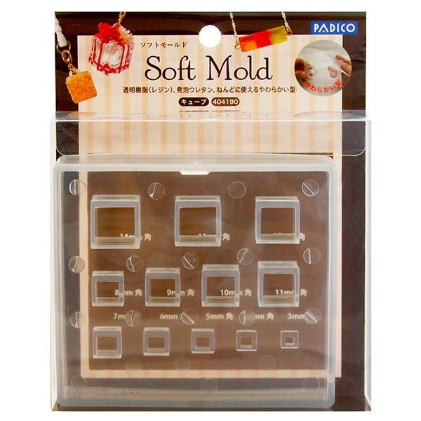 ジュエルデコに!柔らか素材で型から綺麗に外れやすい！3mm角〜14mm角の12種類が作れます。粘土はもちろん、透明樹脂（UVレジン）に適応した、やわらかい素材です。透明なので、どこまで注いだかも見やすいから便利！・透明樹脂（UVレジン）の場...
