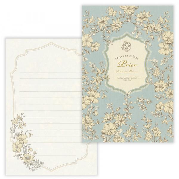 Prier-Valse des fleurs -プリエ - ヴァルス デ フルール -爽やかなブルー地にクラシカルで上品な花柄を繊細なタッチで描いた便箋です。シンプルな筆記面を裏面の花柄が華やかに引き立たせます。季節を問わず一年を通してお使...