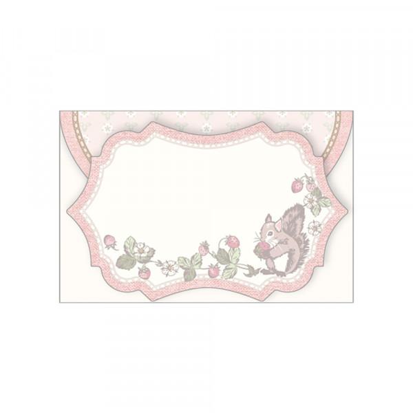 Prier-Valse des fleurs -プリエ - ヴァルス デ フルール -イチゴとリスをクラシカルで繊細なタッチで描いた可愛らしい封筒付きメッセージカードです。エレガントな形に切り抜いたカードを封筒の小花柄が可憐に引き立たせます...