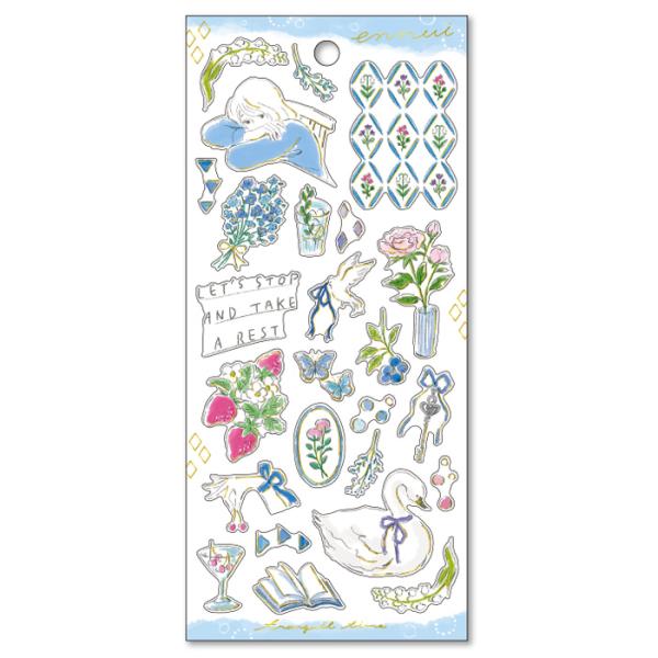 鉛筆で描いたような華奢な線が特徴のイラストシールです！差し色を利かせた華やかな色合いで、雰囲気のあるデコレーションに仕上がります。シール全体に繊細な金箔を散りばめています。●素材:マスキングテープ・金ホット●シールサイズ:縦200×横90mm