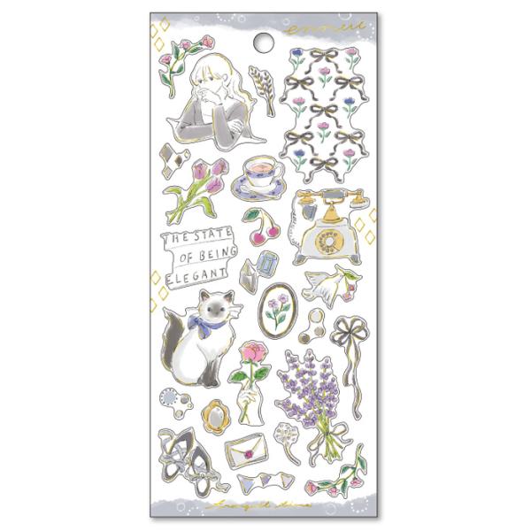 鉛筆で描いたような華奢な線が特徴のイラストシールです！差し色を利かせた華やかな色合いで、雰囲気のあるデコレーションに仕上がります。シール全体に繊細な金箔を散りばめています。●素材:マスキングテープ・金ホット●シールサイズ:縦200×横90mm