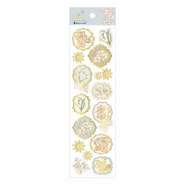 Prier-Valse des fleurs -プリエ - ヴァルス デ フルール -クラシカルな花柄を繊細なタッチで描いたシールです。上品なくすみカラーの花々にきらりと輝く金箔押し加工が施されており、手帳デコやワンポイントデコレーションに...