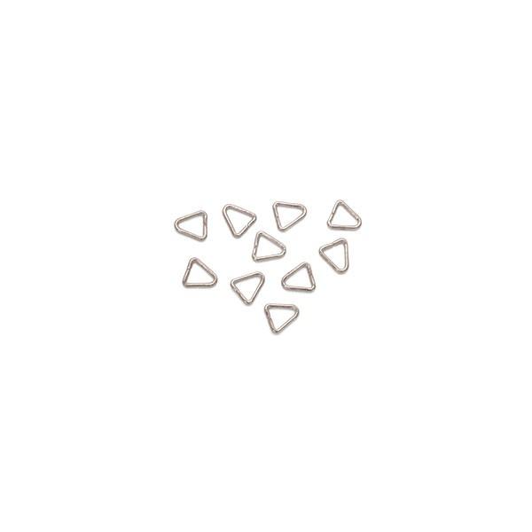 上の方に通し穴が開いているような、しずく型のパーツなどを下げるのに最適な三角カンです。左右に変型しない程度に引っ張って開閉してください。●10個入り●サイズ：約5mm×5mm