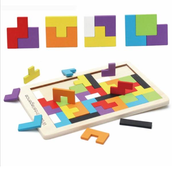 木製ブロックパズルテトリスのような形の40ピースのブロック型パズルです。商品サイズ：27 * 18* 0.7センチメートル対象年齢：3歳以上・図形、形の認識、創造性 の育成　パズルはもちろん、積んだり、遊びの中で、自然に色と形を認識できるよ...