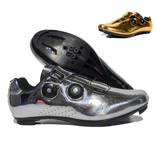 サイクリング サイクルシューズ ロードバイクシューズ MTBシューズ 自転車 SPD/SPD-SL両対応 快速靴紐 滑りにく 超軽量 初心者素材：エナメルカラー:ゴールド  シルバーサイズ:23.0cm~28.5cm【軽量アッパー】サイクリ...